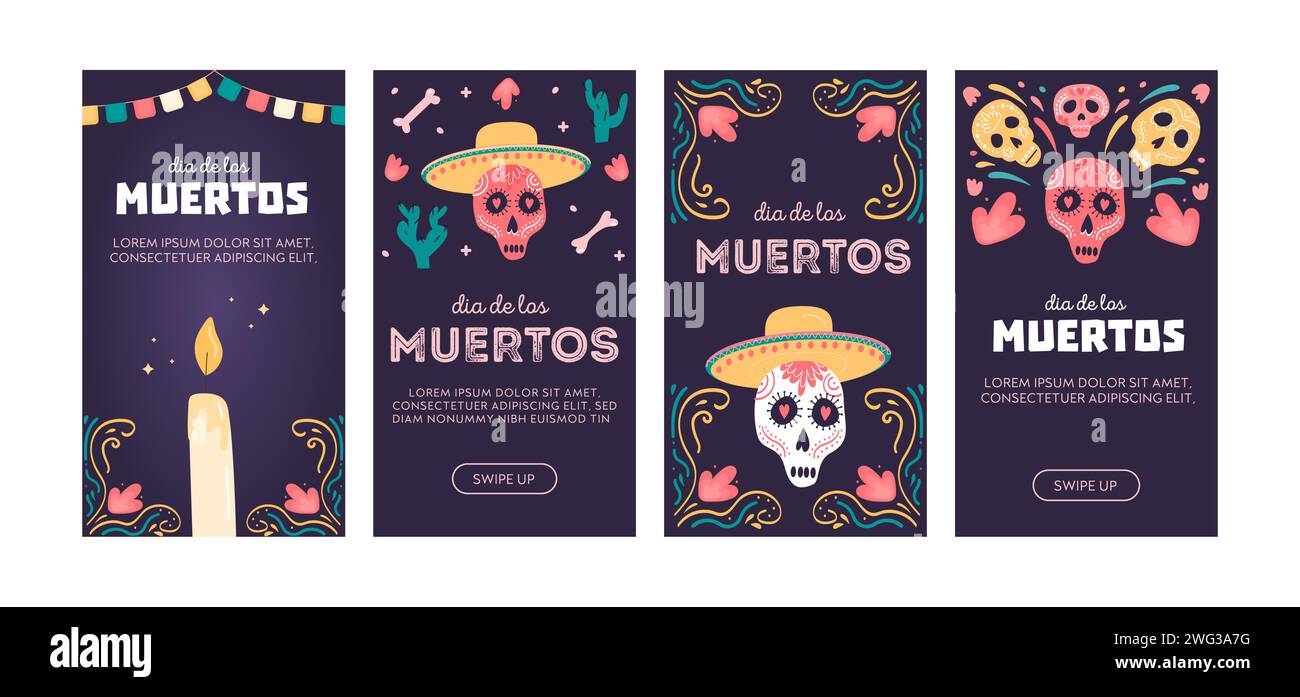 Set of social media poster or vertical cards with sugar skulls. Mexican ...