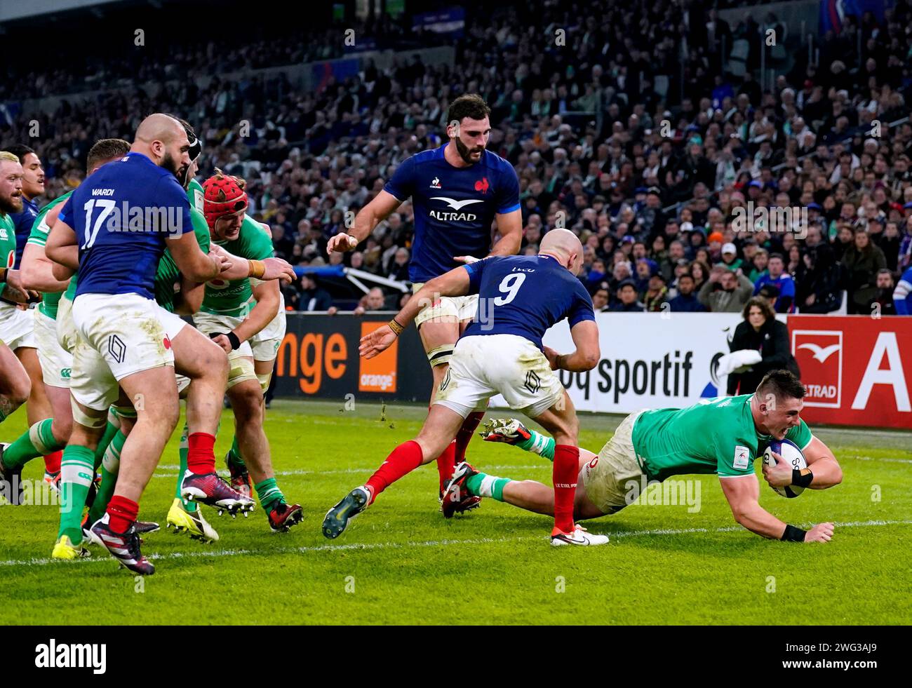 Ireland's Dan Sheehan goes over to score their side's fourth try of the ...