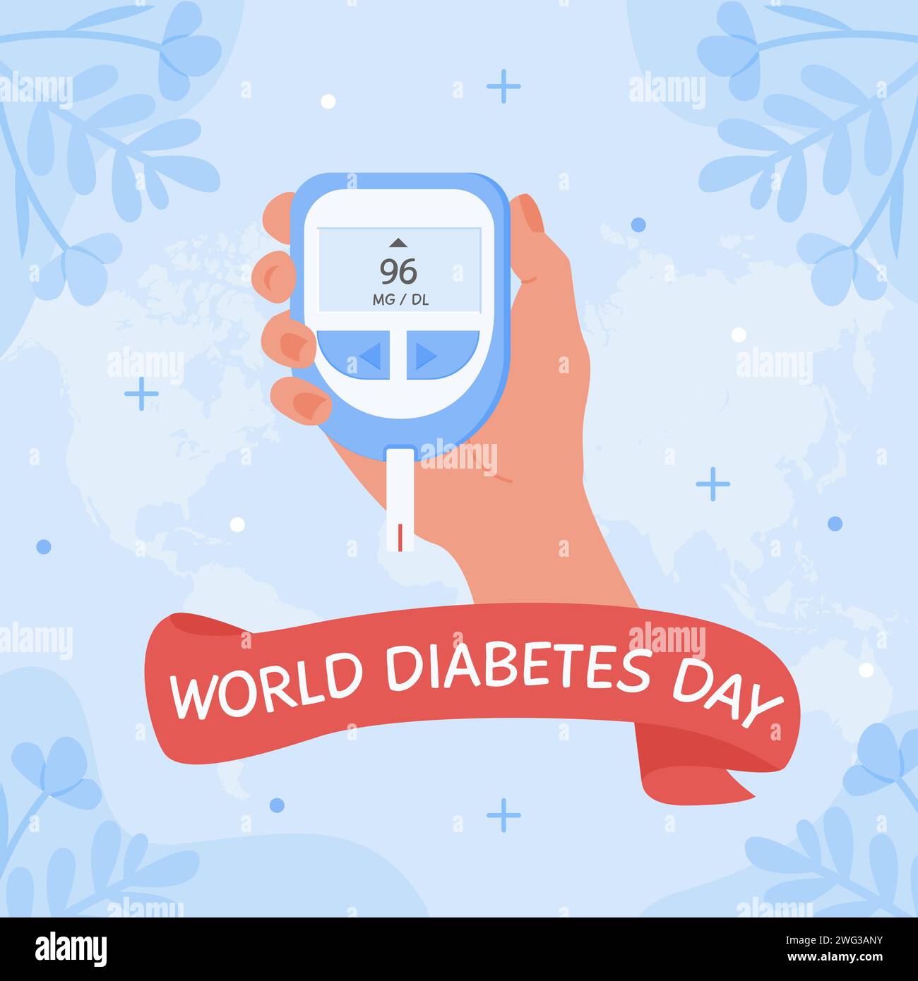 World Diabetes day square banner or card. Human hand holding glucometer ...