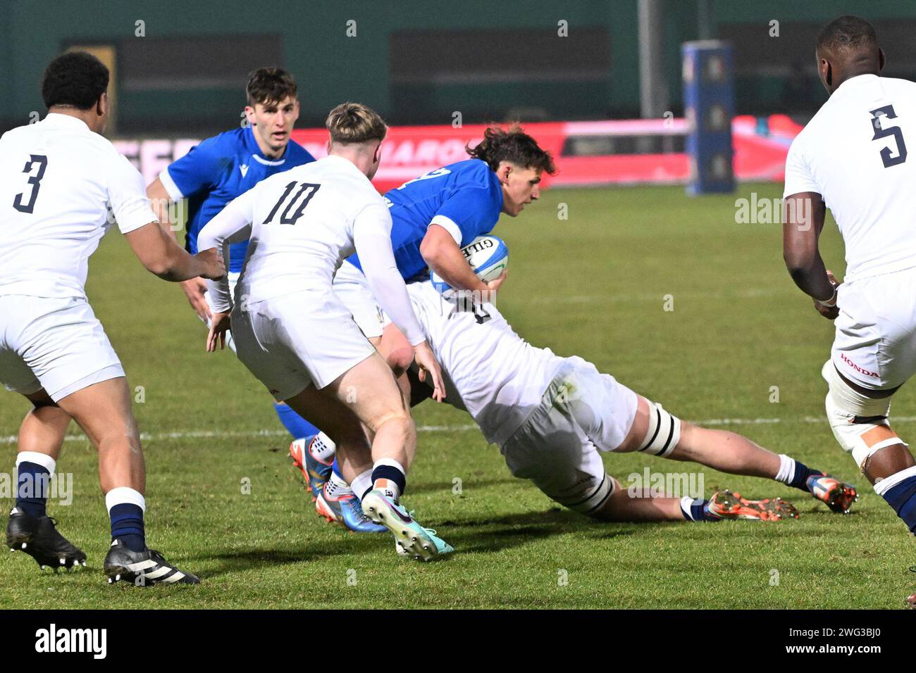 Treviso, Italy. 02nd Feb, 2024. Tackle of Nicola Bozzo ( Italia U20 ...