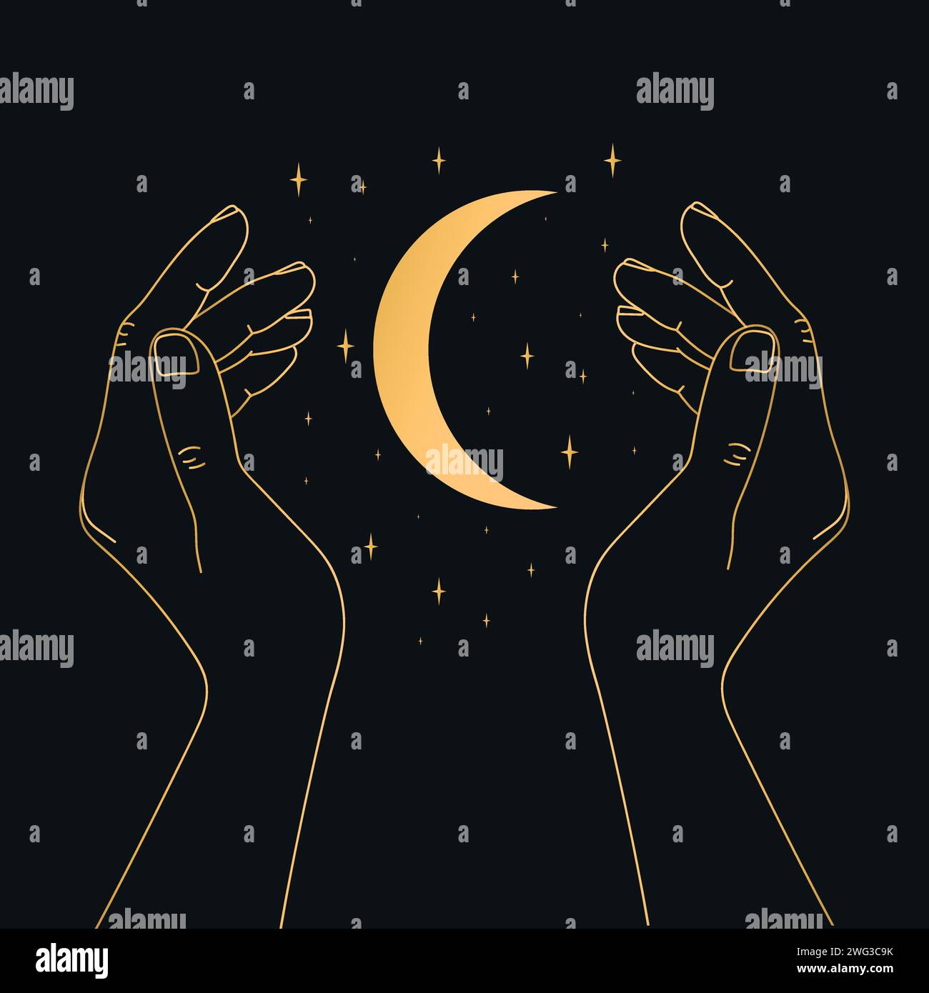 Woman hands with Moon crescent. Magic and sorcery. Vector illustration ...