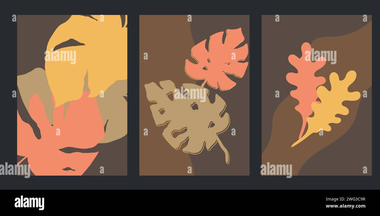 Set of posters with botanical elements and shapes. For interior decoration, print and design ...