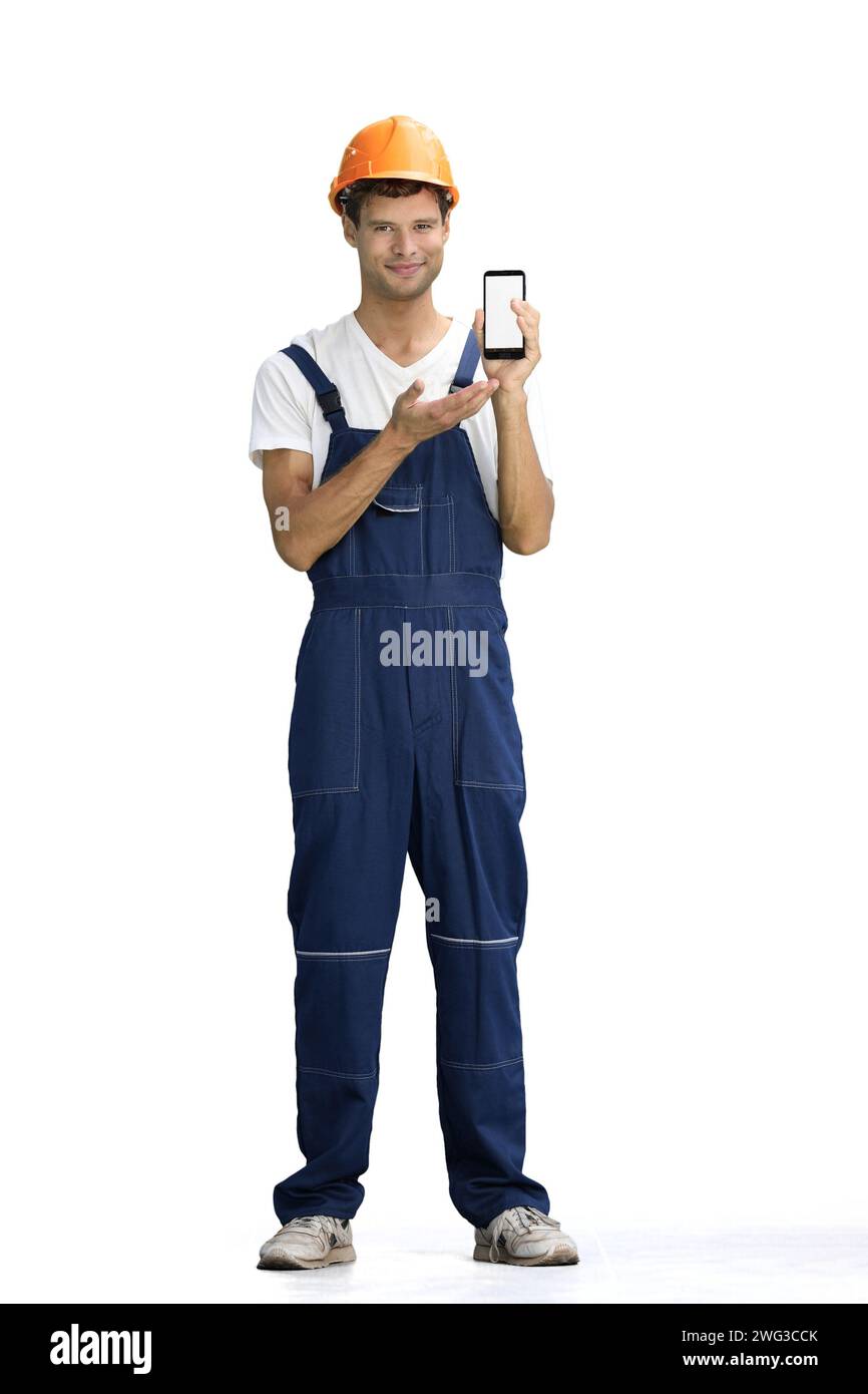 Male construction worker, on a white background, full-length, with a ...