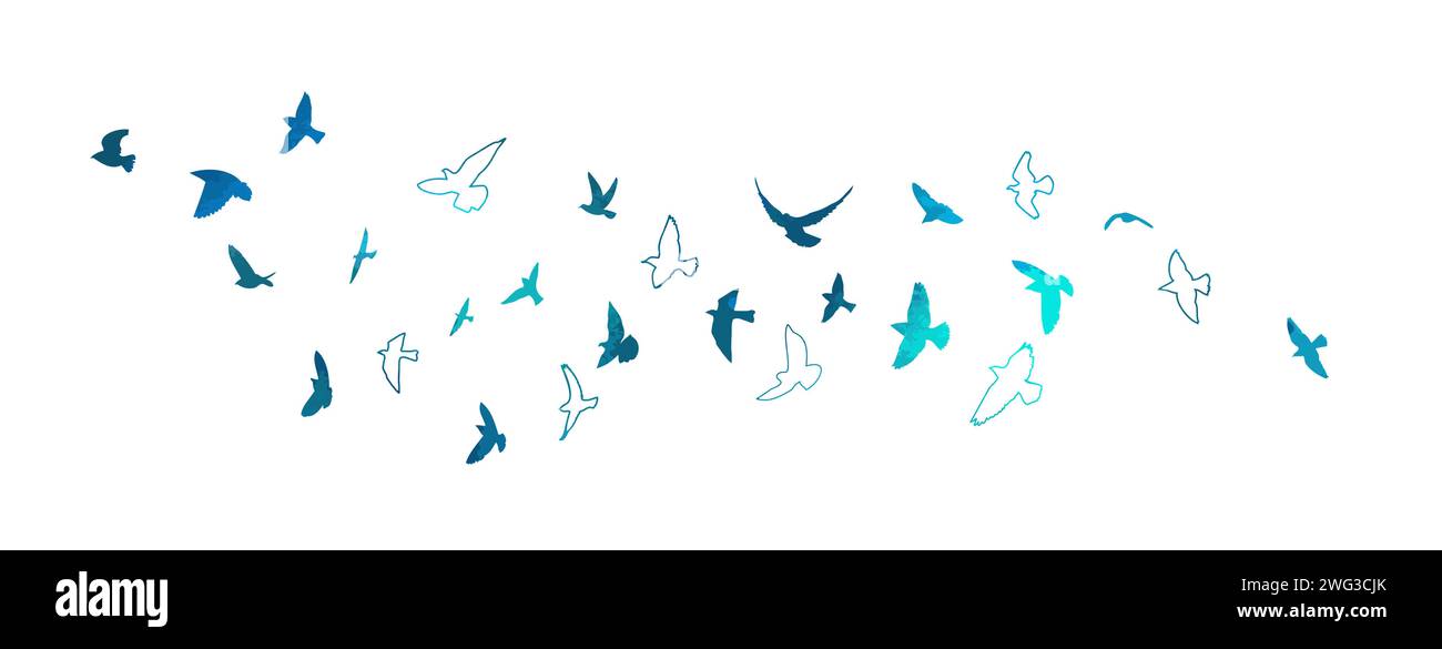 A flock of blue watercolor flying birds. Free birds abstraction. hand ...