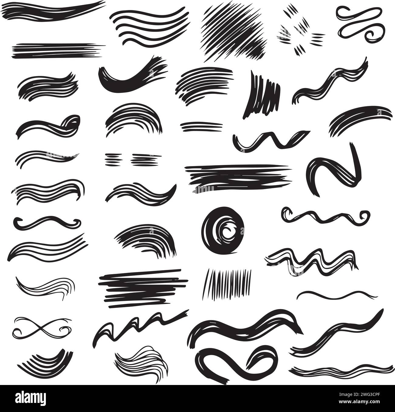 Scribble brush stroke charcoal curly line set illustation for ...