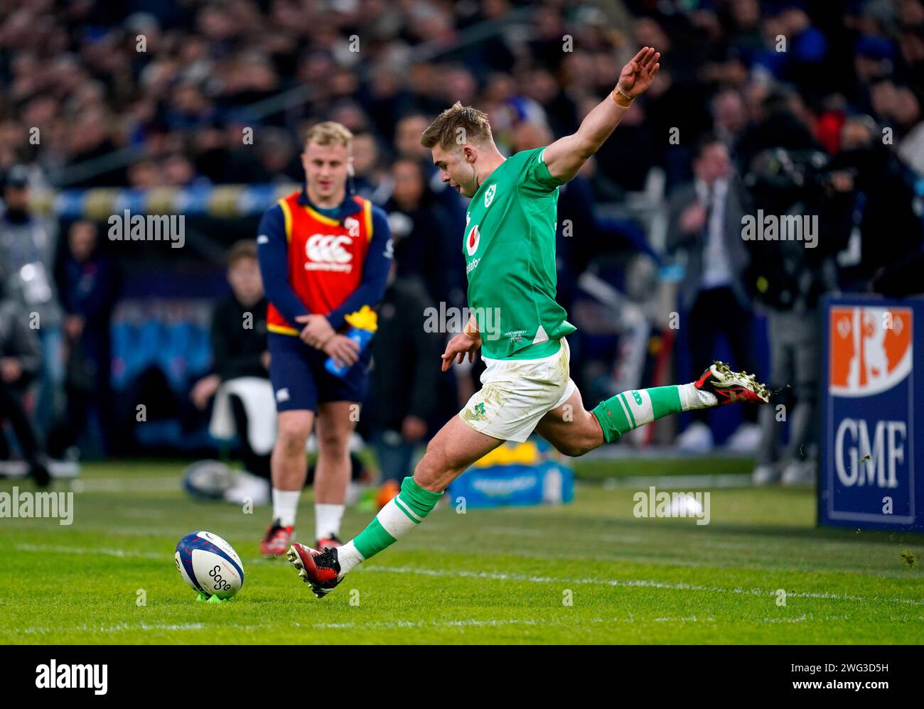 Ireland's Jack Crowley takes a conversion kick during the Guinness Six ...