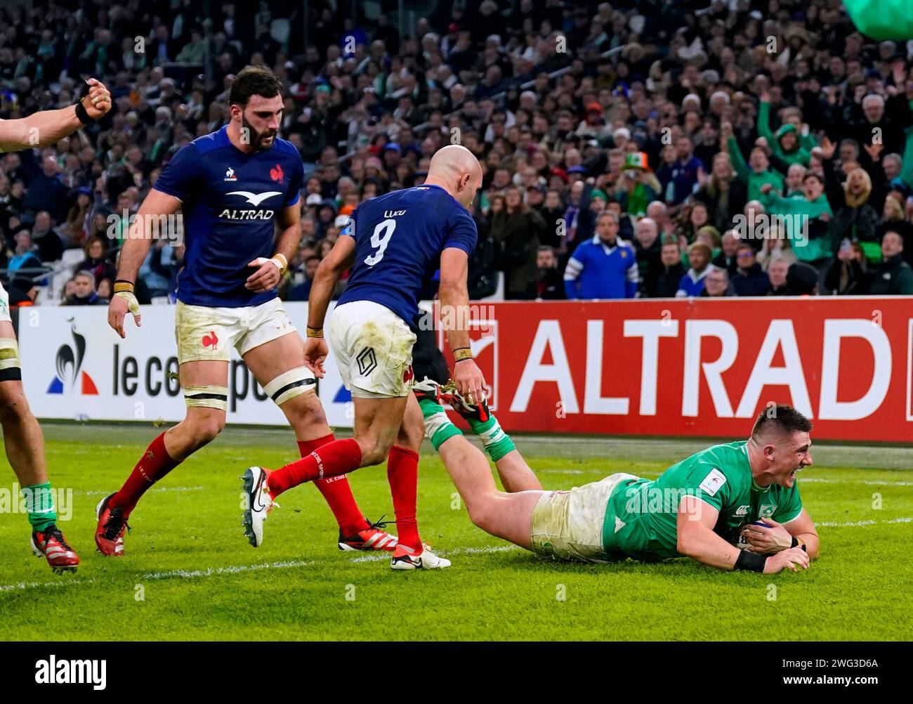 Ireland's Dan Sheehan scores their side's fourth try of the game during ...