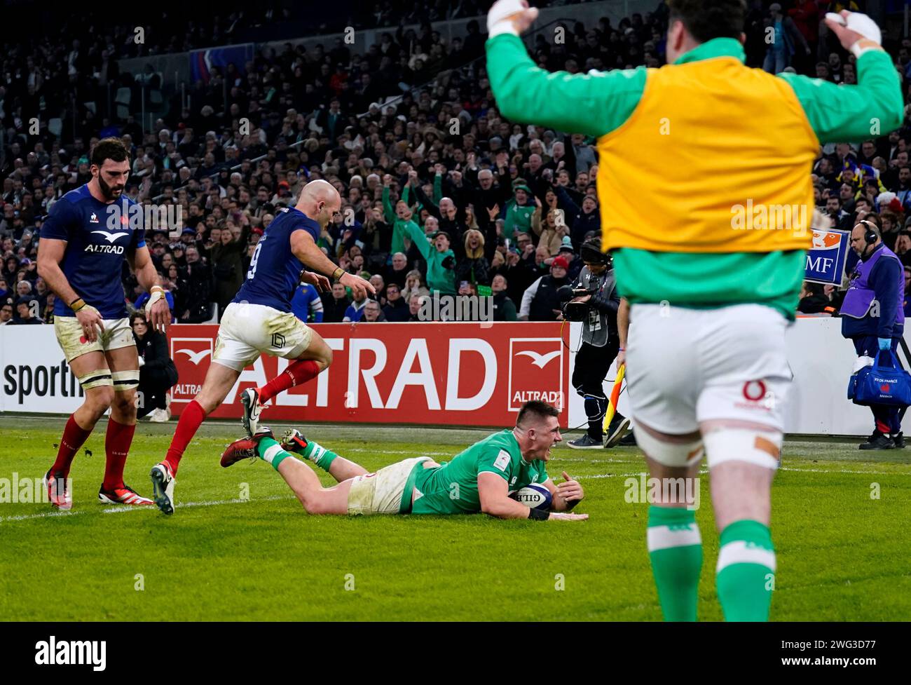 Ireland's Dan Sheehan scores their side's fourth try of the game during ...