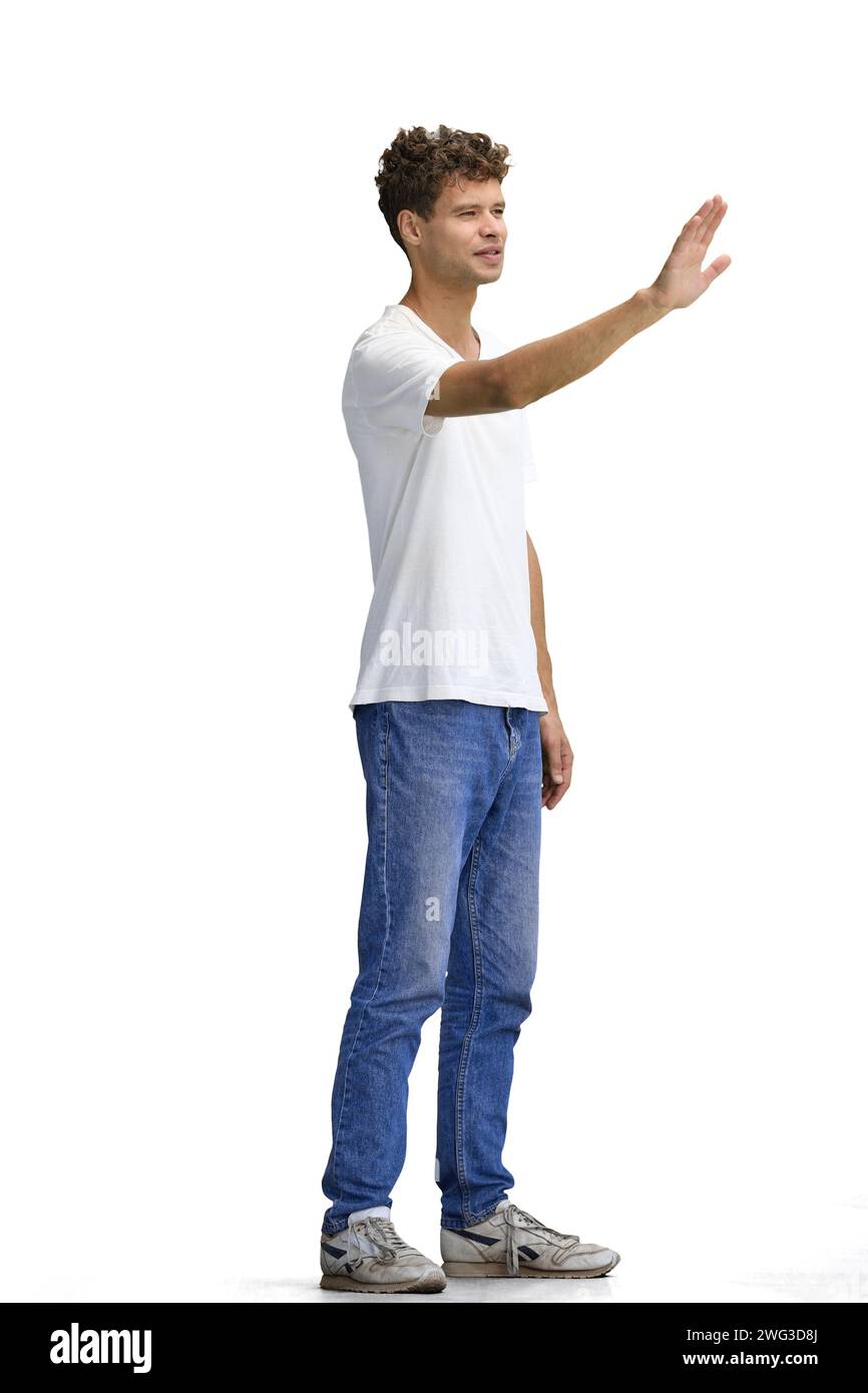 A man in a white T-shirt, on a white background, standing tall, show ...