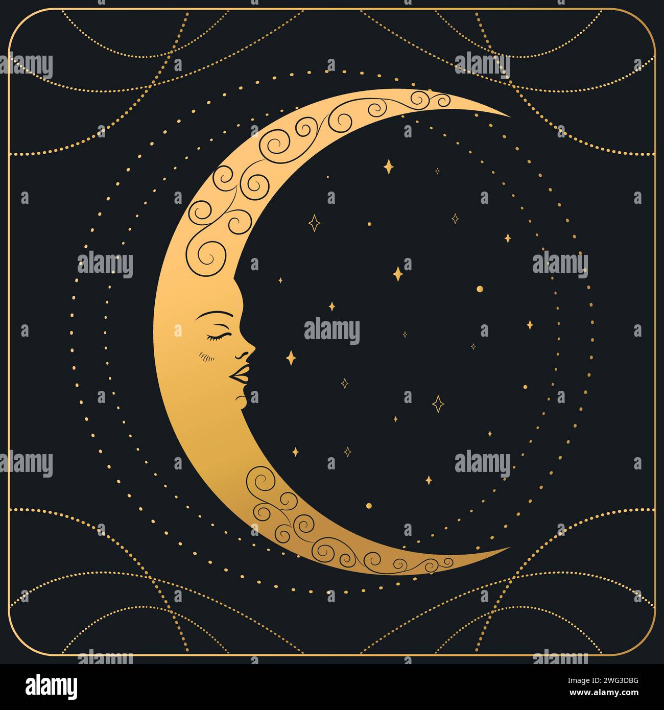 Moon crescent. Gold celestial background. Vector illustration Stock ...