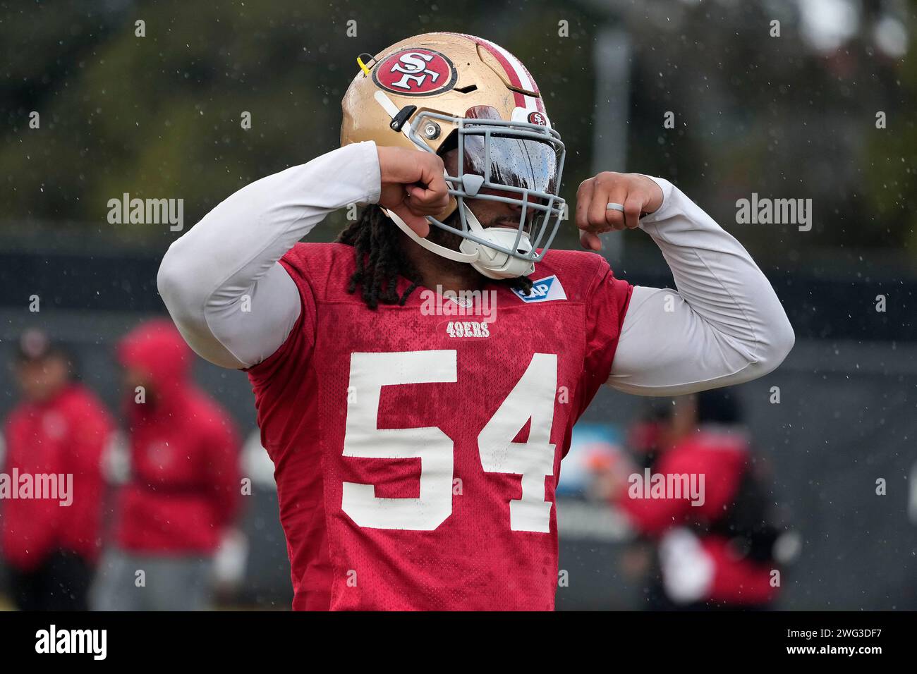 San Francisco 49ers linebacker Fred Warner (54) flexes during practice ...