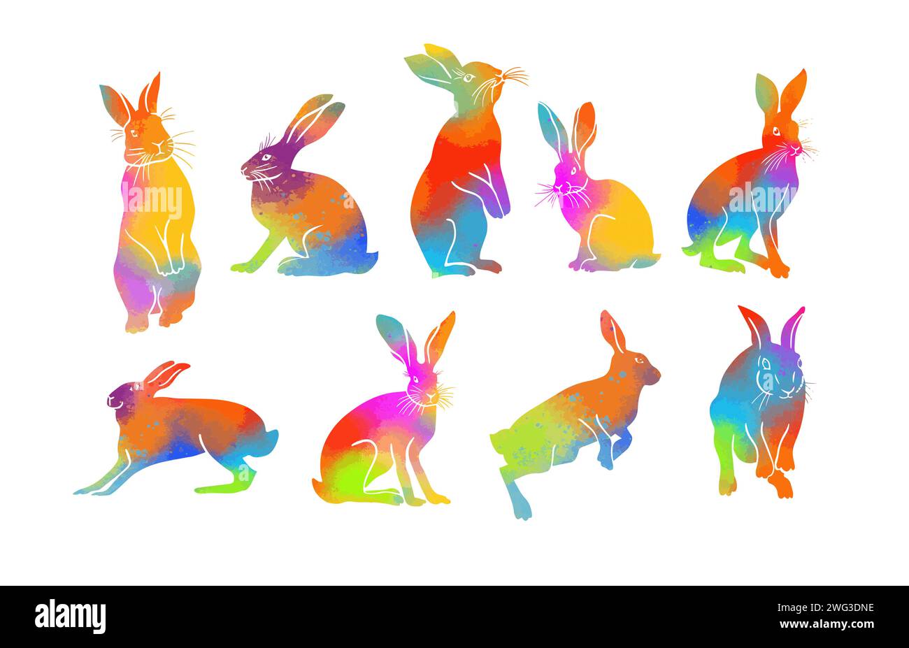 Set of colored silhouettes of hares. hand drawing. Not AI. Vector ...