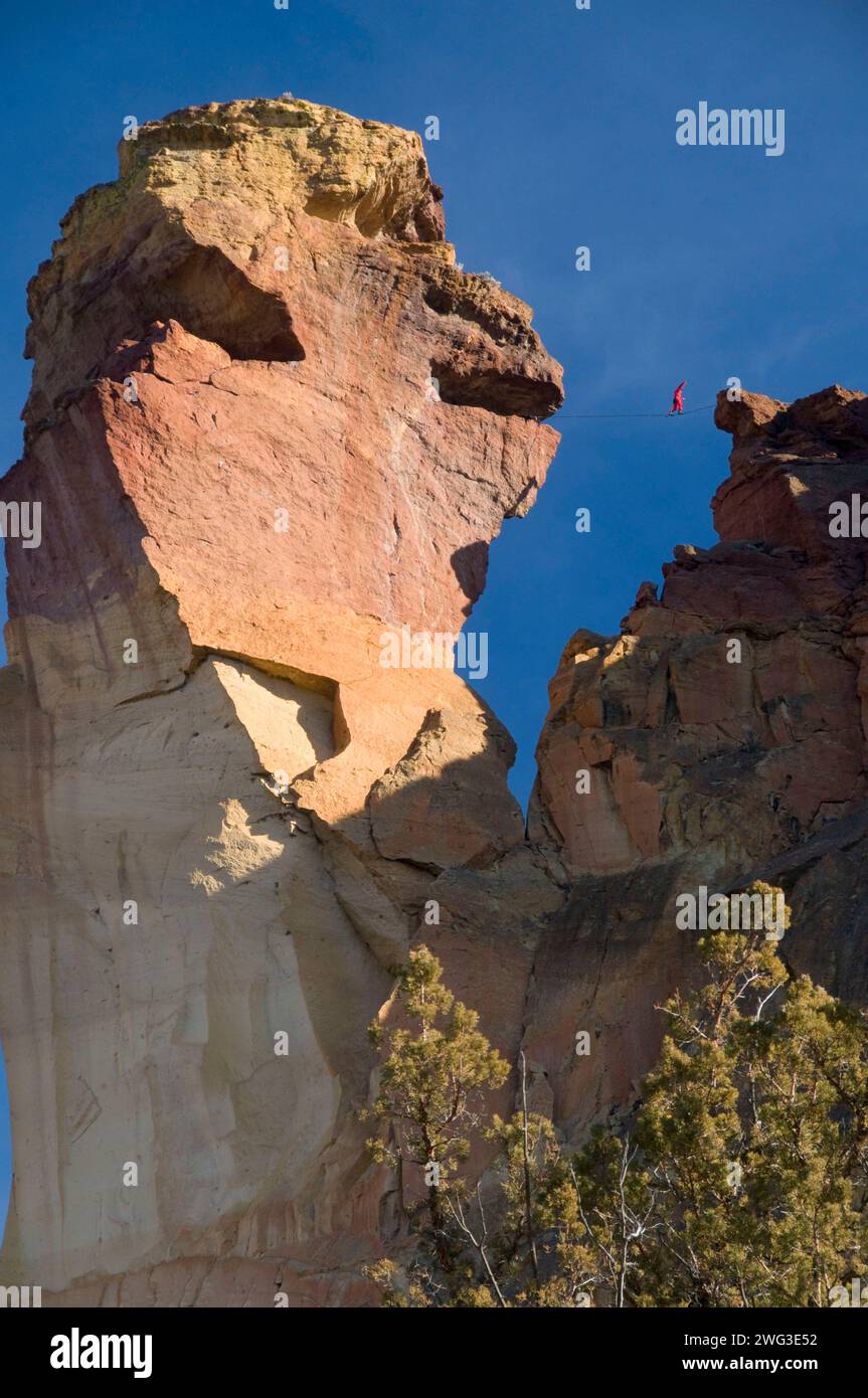Monkeyface with tightrope walker, Smith Rock State Park, Oregon Stock ...