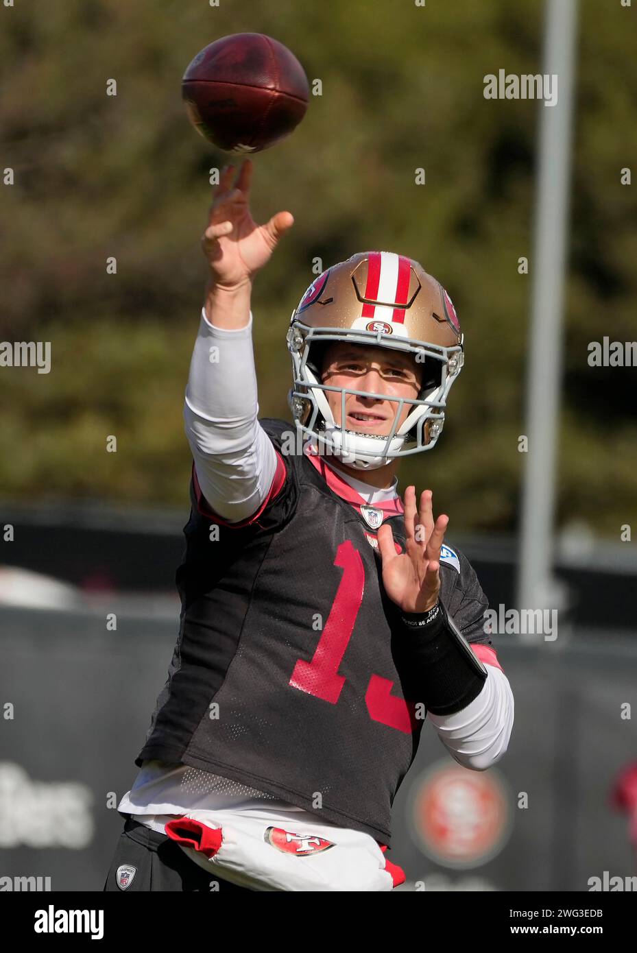 San Francisco 49ers quarterback Brock Purdy (13) practices at the team ...
