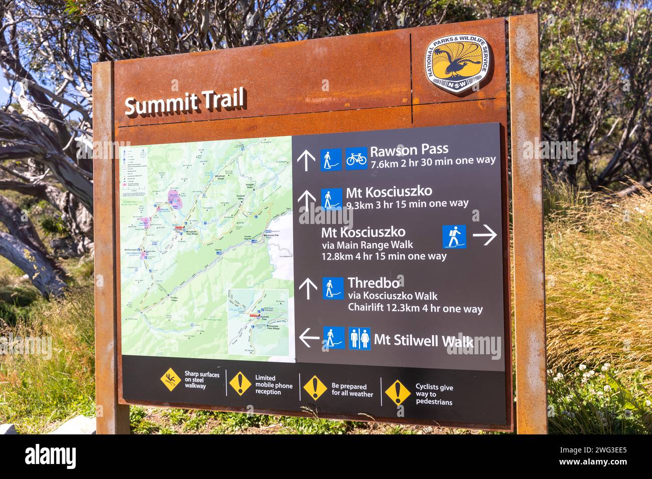 Summit Trail information sign at Charlotte Pass Kosciusko national park ...