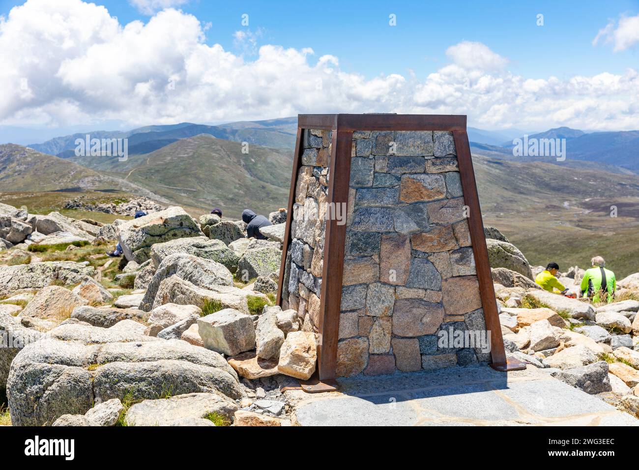 Mt Kosciusko trig point summit, highest peak in Australia on a blue sky ...