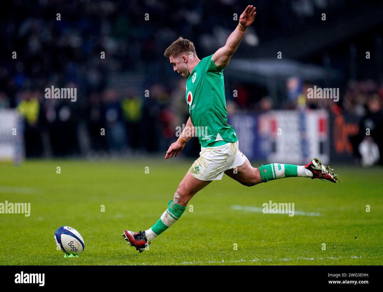 Ireland's Jack Crowley takes a conversion kick during the Guinness Six ...