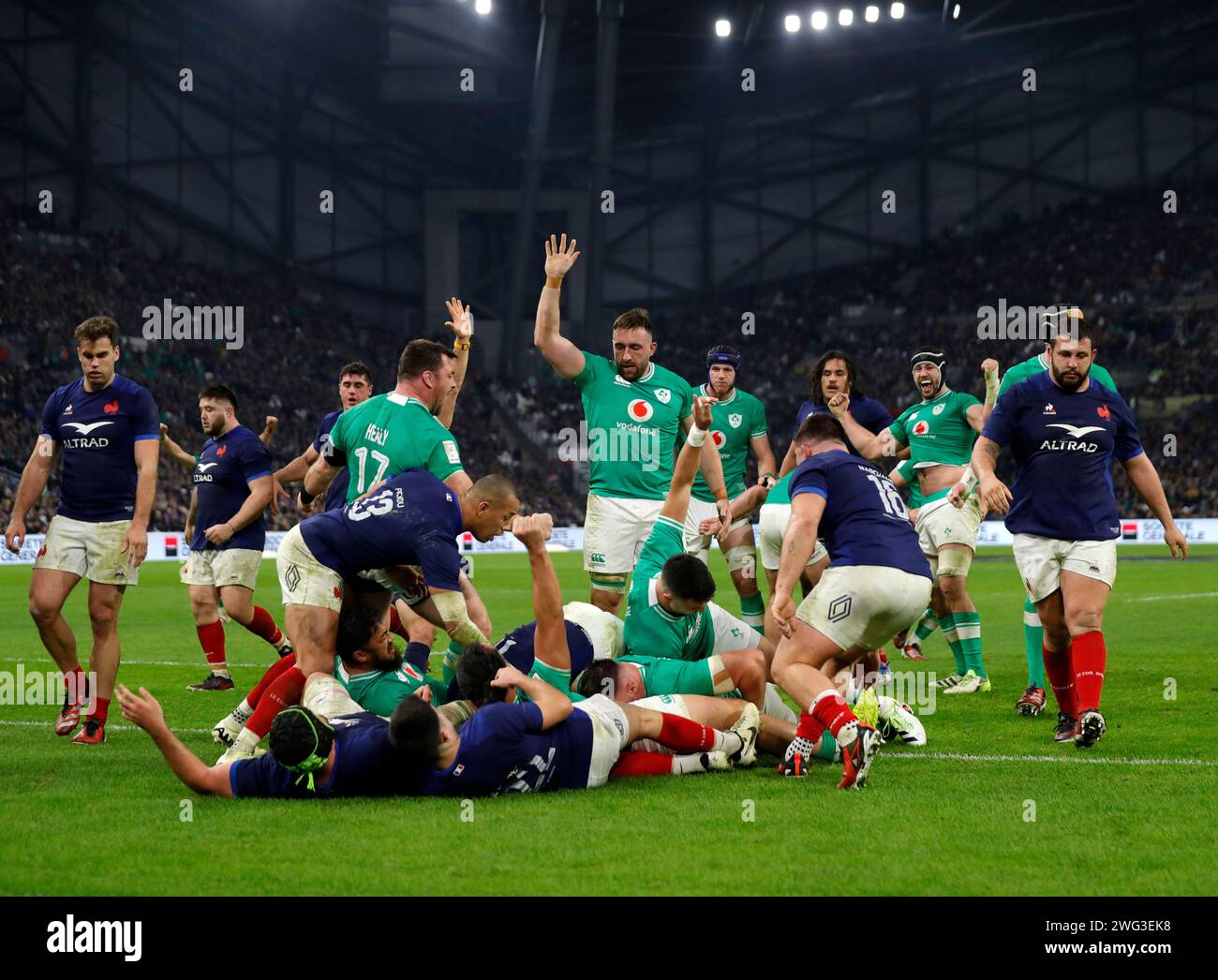 Marseille, France. 2nd February, 2024. Ireland's Ronan Kelleher scores ...