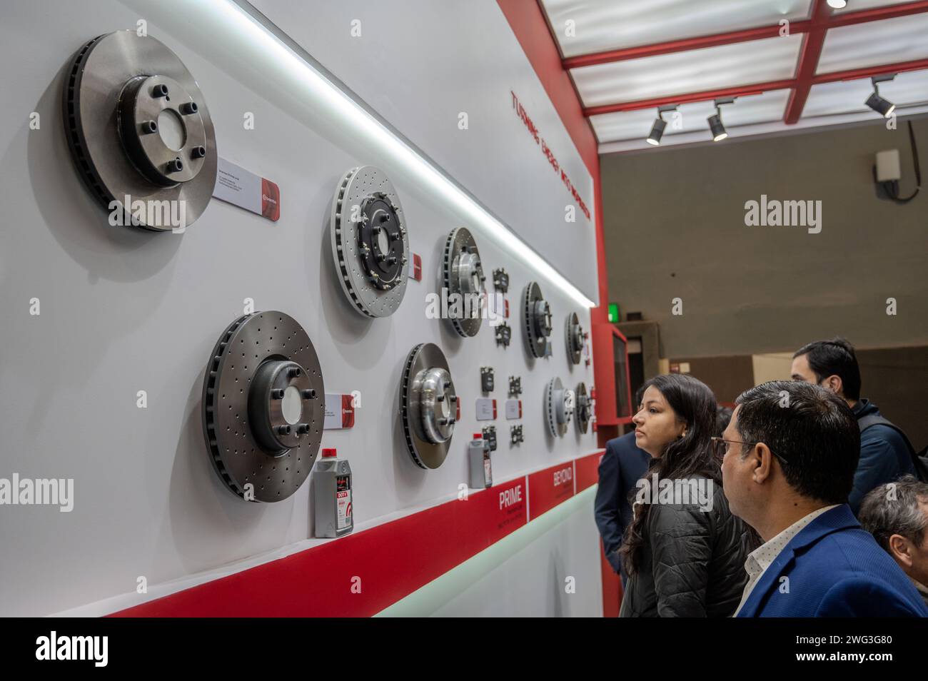 New Delhi, India. 02nd Feb, 2024. Visitor looks at the auto component ...