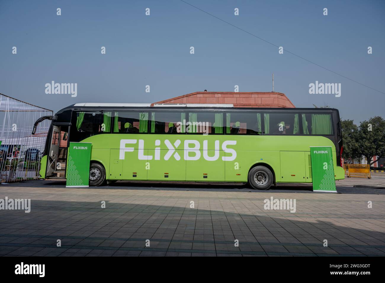 The FlixBus, parked for showcasing at Pragati Maidan, the second ...