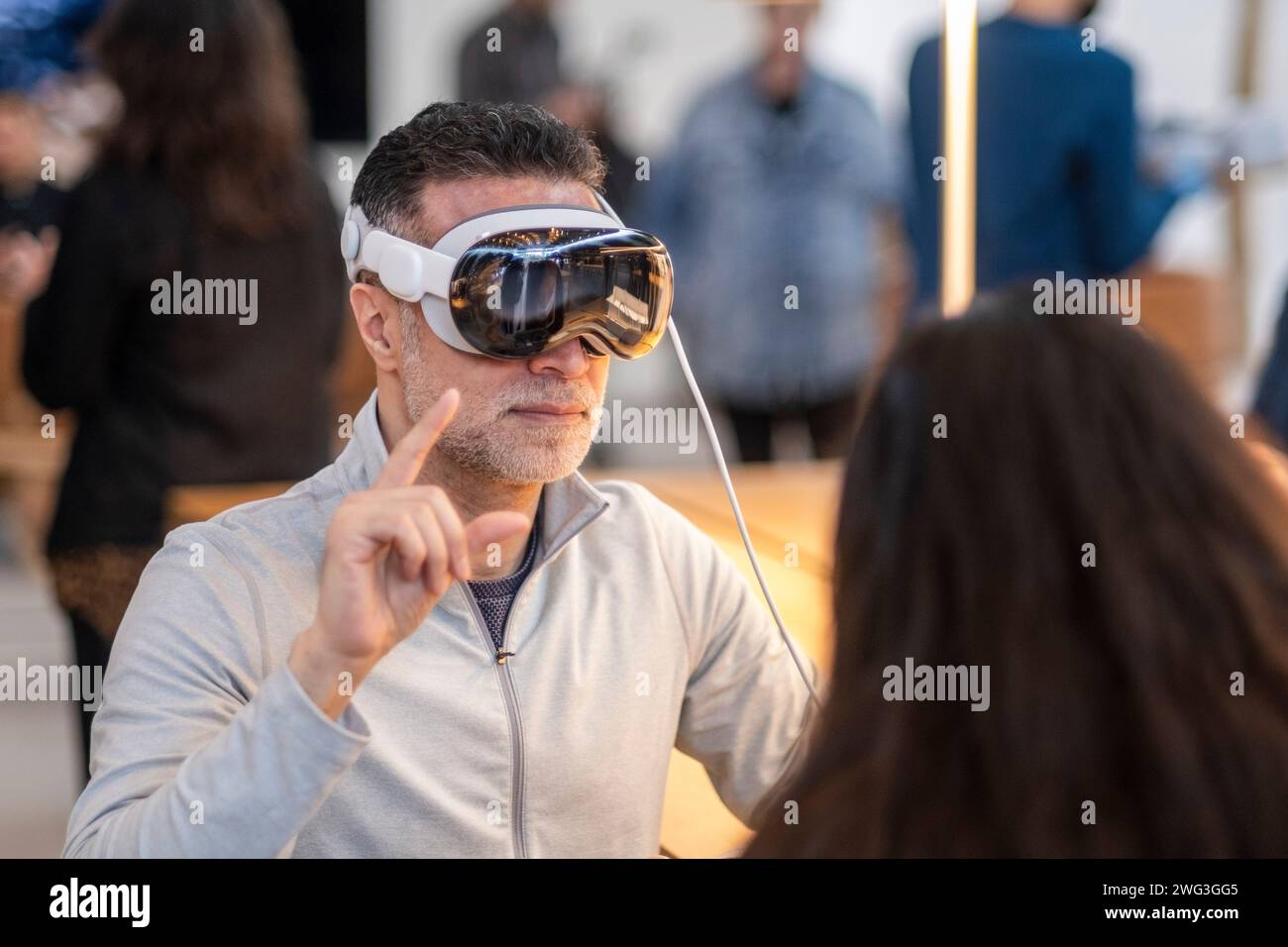 Los Angeles, United States. 02nd Feb, 2024. A customer tries the Vision ...