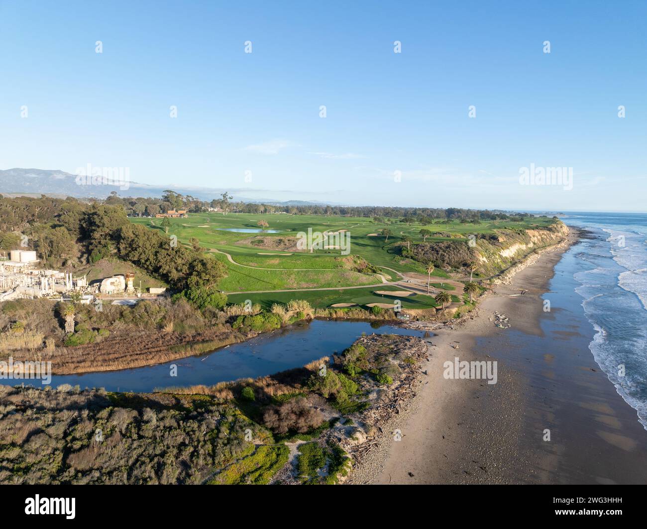 Aerial view of the cliff and beach with ocean in Santa Barbara ...