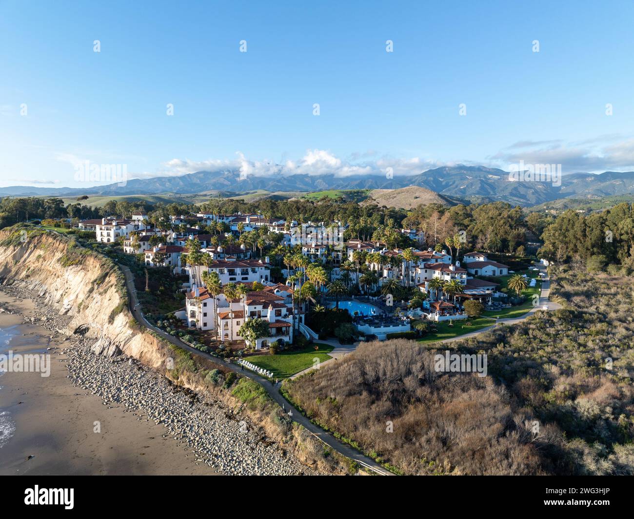 Aerial view of the cliff and beach with ocean in Santa Barbara ...