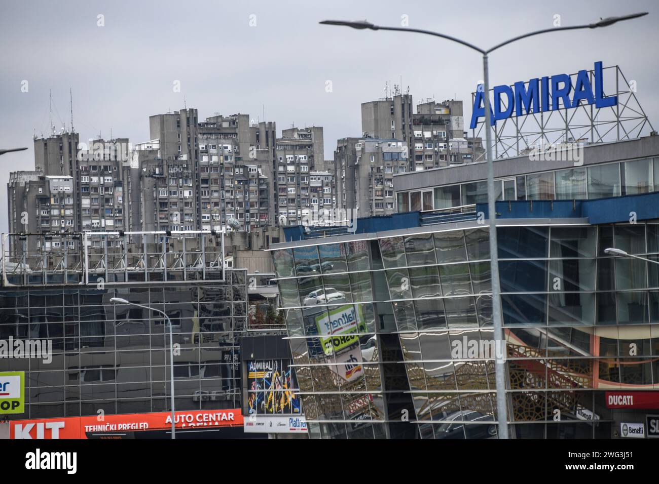 New Belgrade: shopping malls and monoblocks. Serbia Stock Photo - Alamy
