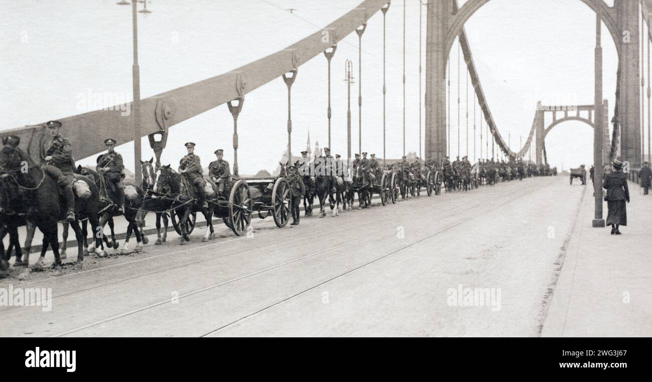 British troops crossing the Deutz Suspension Bridge in Colgne, British ...
