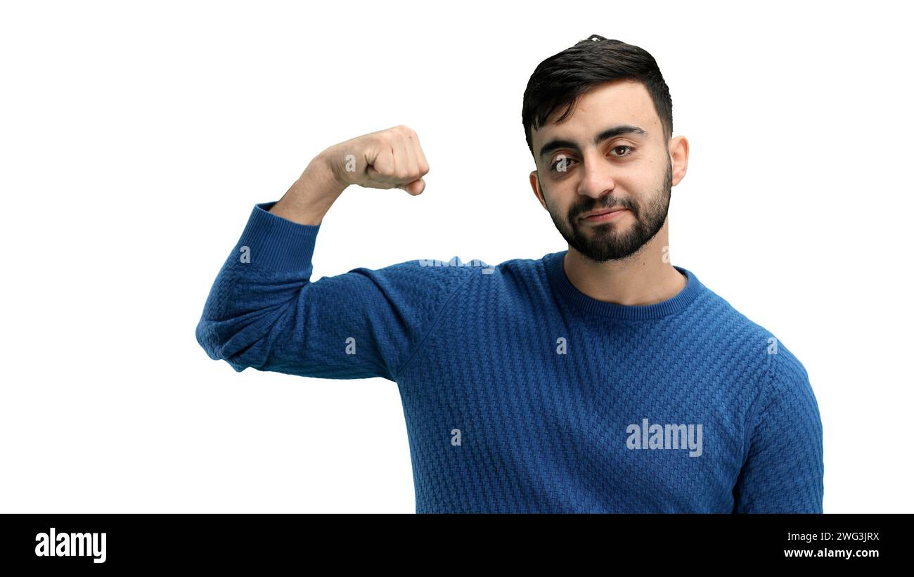 Man, close-up, on a white background, shows strength Stock Photo - Alamy