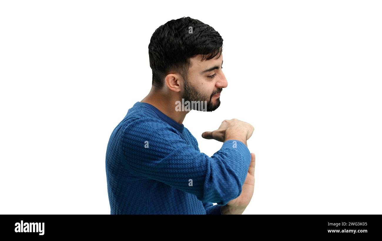 A man, close-up, on a white background, shows a pause sign Stock Photo ...