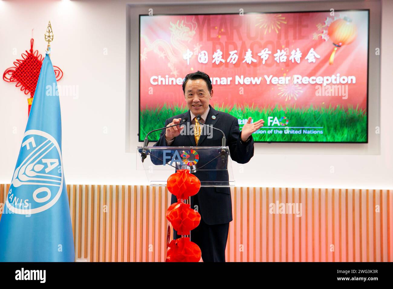Rome, Italy. 2nd Feb, 2024. FAO Director-General Qu Dongyu speaks at an ...