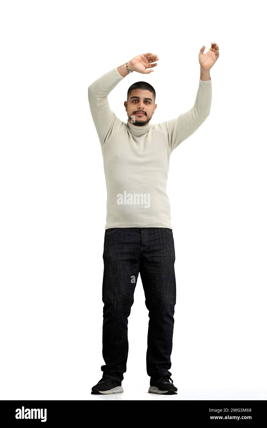 A man, full-length, on a white background, waving his arms Stock Photo ...