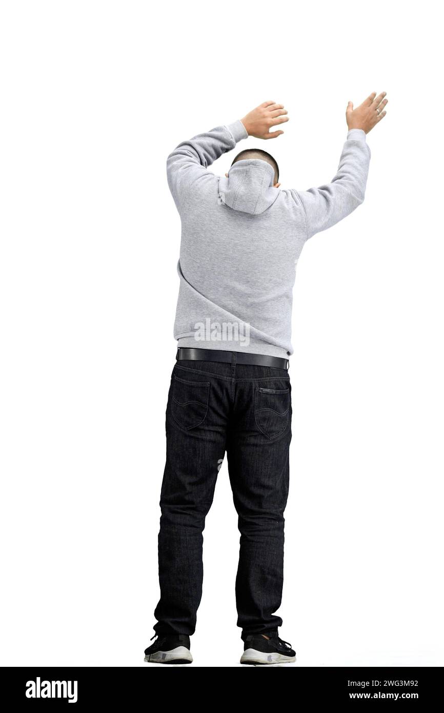 A man, full-length, on a white background, waving his arms Stock Photo ...