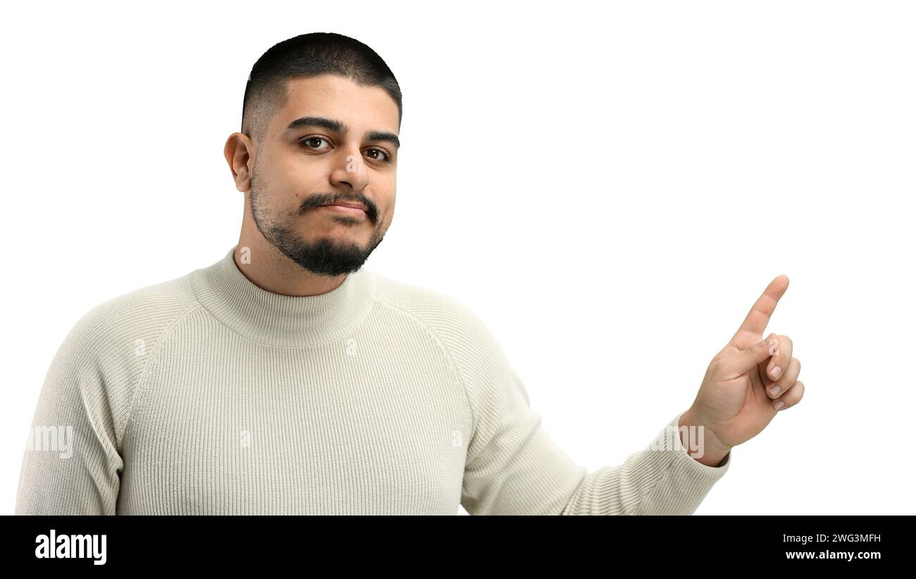 A man, close-up, on a white background, points to the side Stock Photo ...
