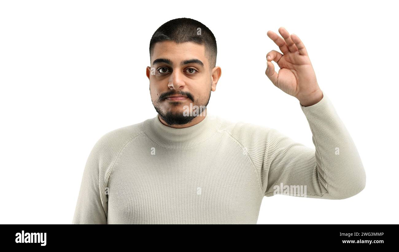 A man, close-up, on a white background, shows an ok sign Stock Photo ...