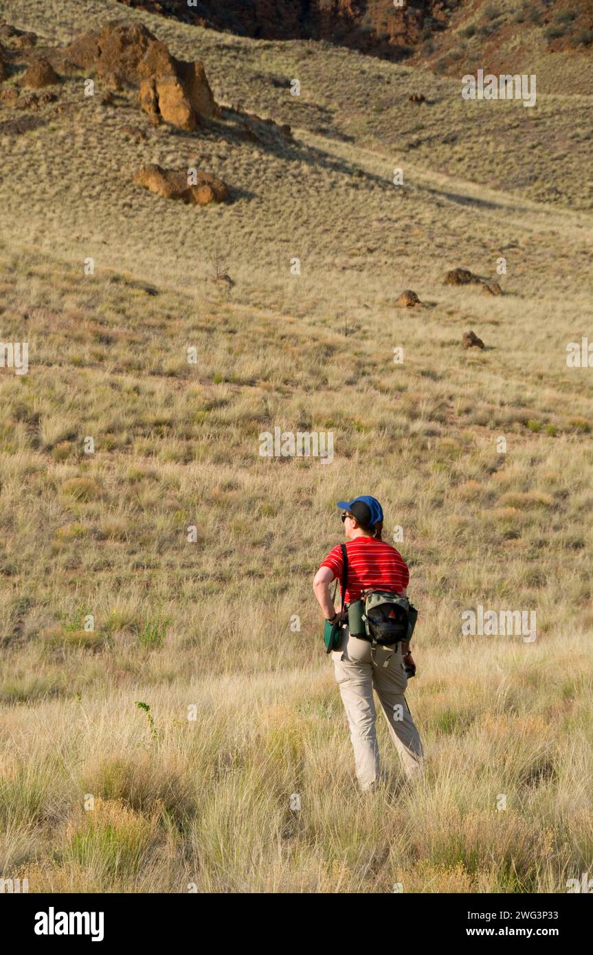 Hiker in grassland, Spring Basin Wilderness, Prineville District Bureau ...