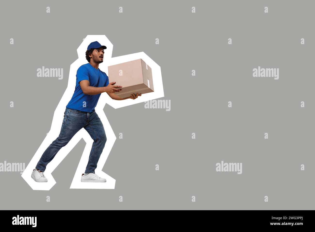 Shocked courier with parcel running on grey background, space for text ...