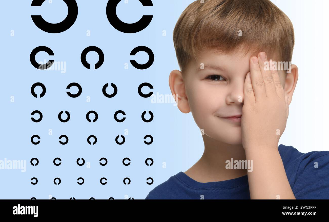 Vision test. Little boy and eye chart on gradient background Stock ...