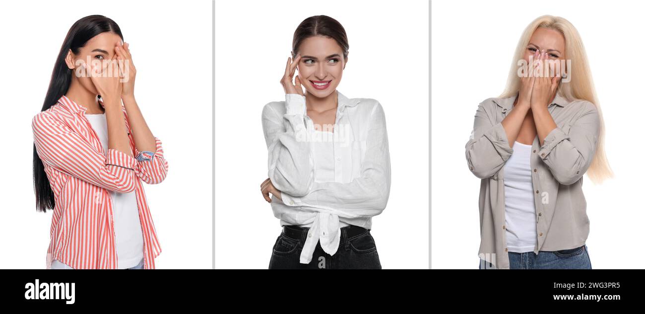 Embarrassed women on white background, set with photos Stock Photo - Alamy