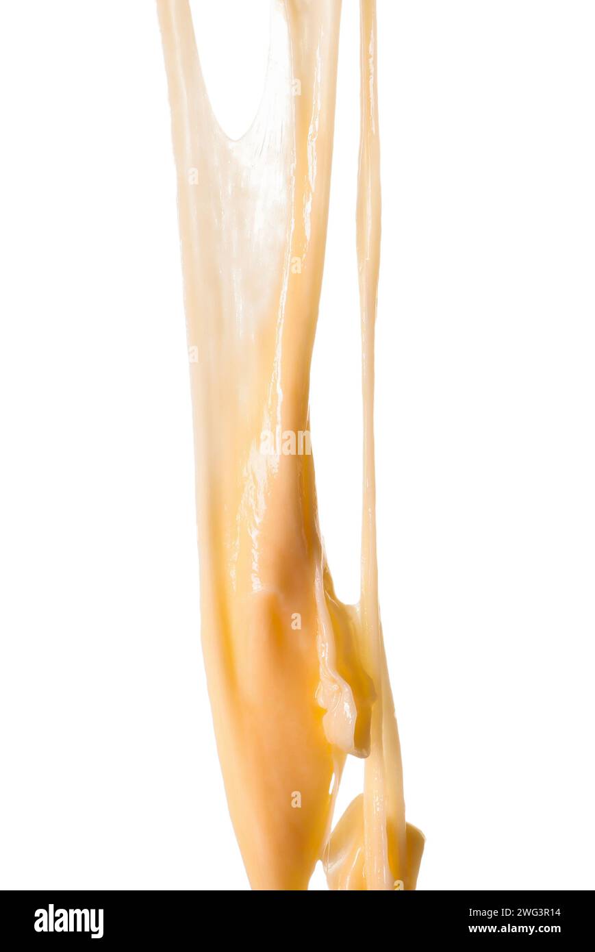 Stretching delicious melted cheese isolated on white Stock Photo - Alamy
