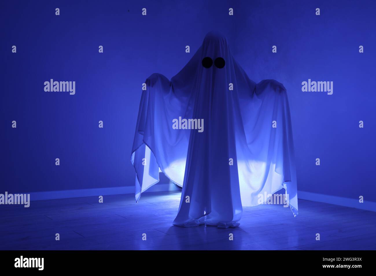 Creepy ghost. Woman covered with sheet in blue light Stock Photo - Alamy