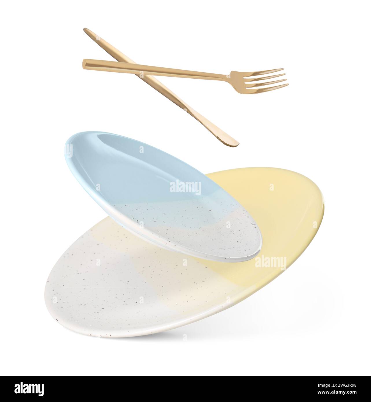 Clean plates, fork and knife falling on white background Stock Photo ...