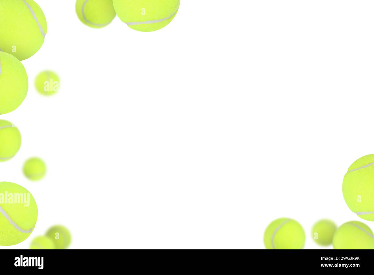 Many tennis balls falling on white background Stock Photo - Alamy