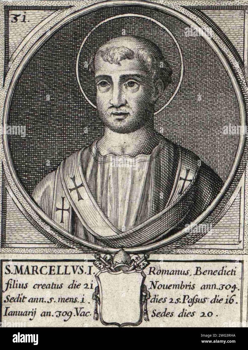 A 16th Century engraving of Pope Marcellus I who was pontiff from AD308 ...