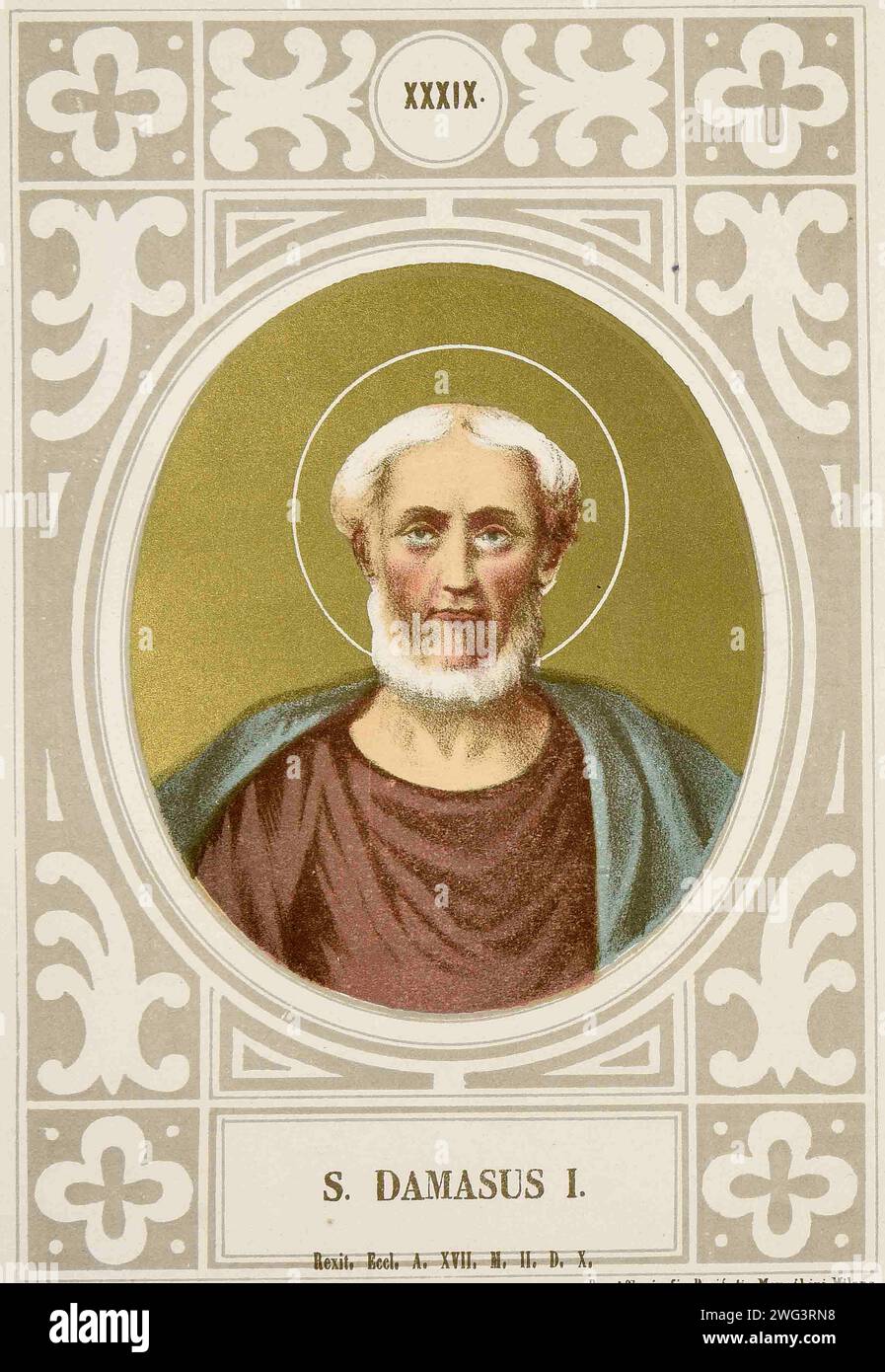 A 1879 engraving of Pope Damasus I who was pontiff from AD366 to AD384 ...