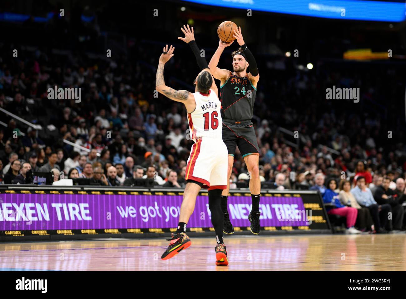 Washington Wizards forward Corey Kispert (24) shoots against Miami Heat ...