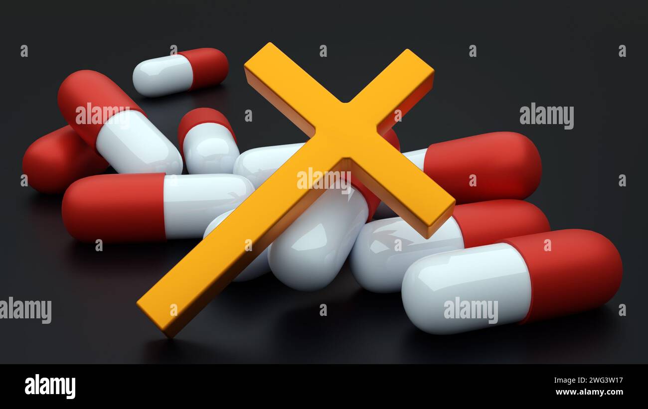 3D rendering of golden cross scattered around drug capsules Stock Photo ...