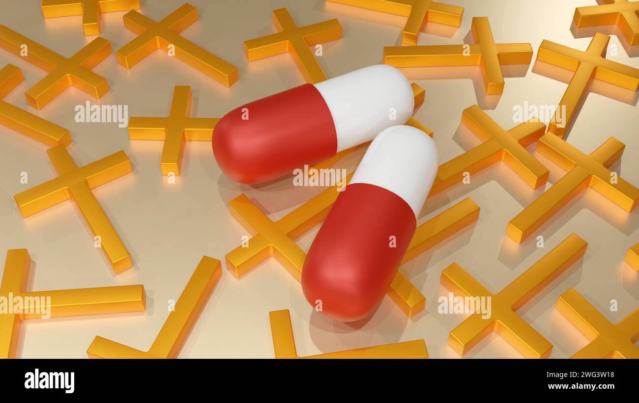 3D rendering of golden cross scattered around drug capsules Stock Photo - Alamy