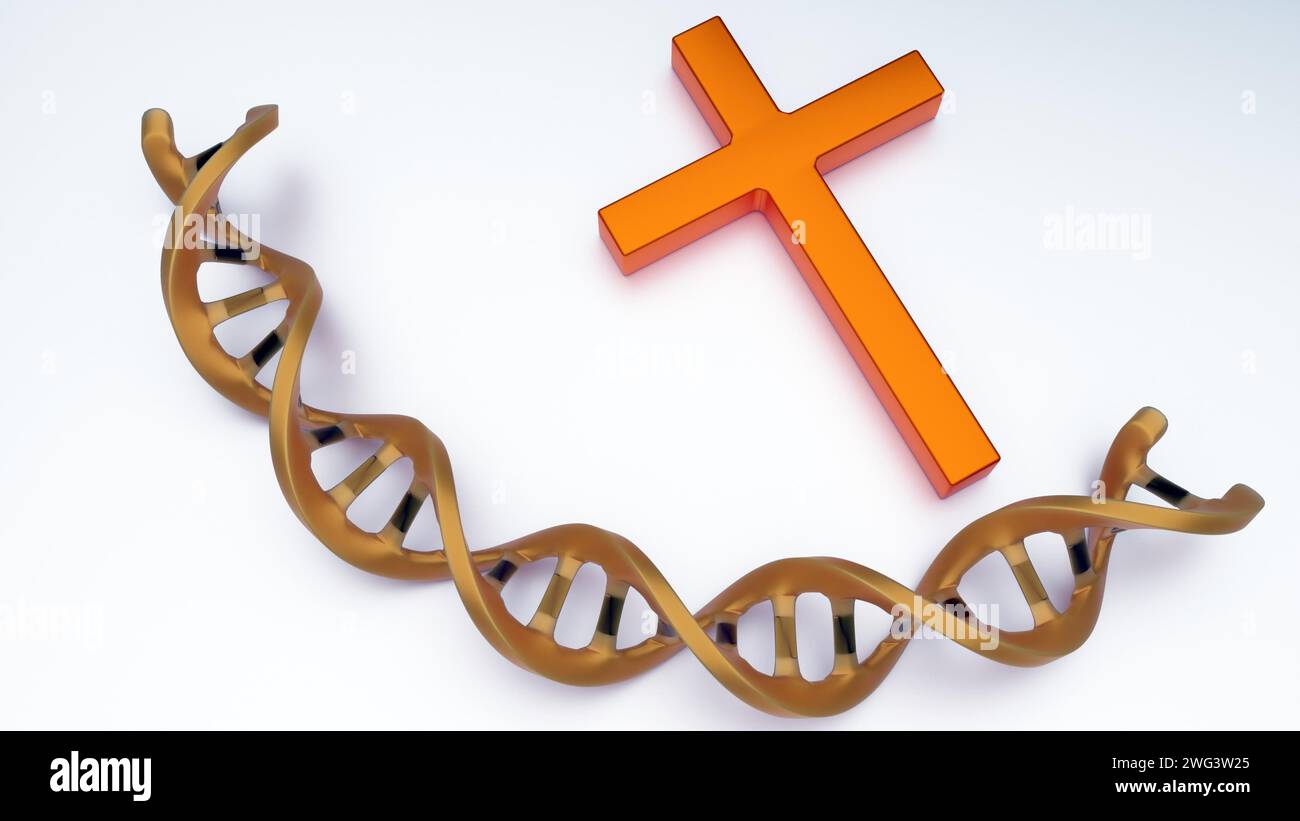 3d rendering of gold cross and dna helix on the white background Stock ...